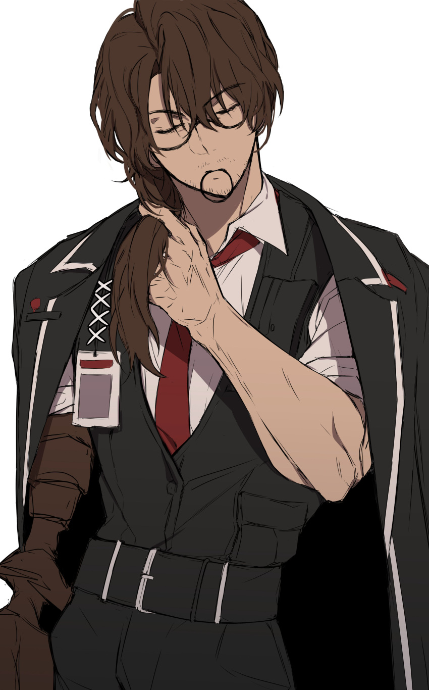 Safebooru - 1boy absurdres arthropod limbs belt black coat black hairband brown hair closed eyes ...