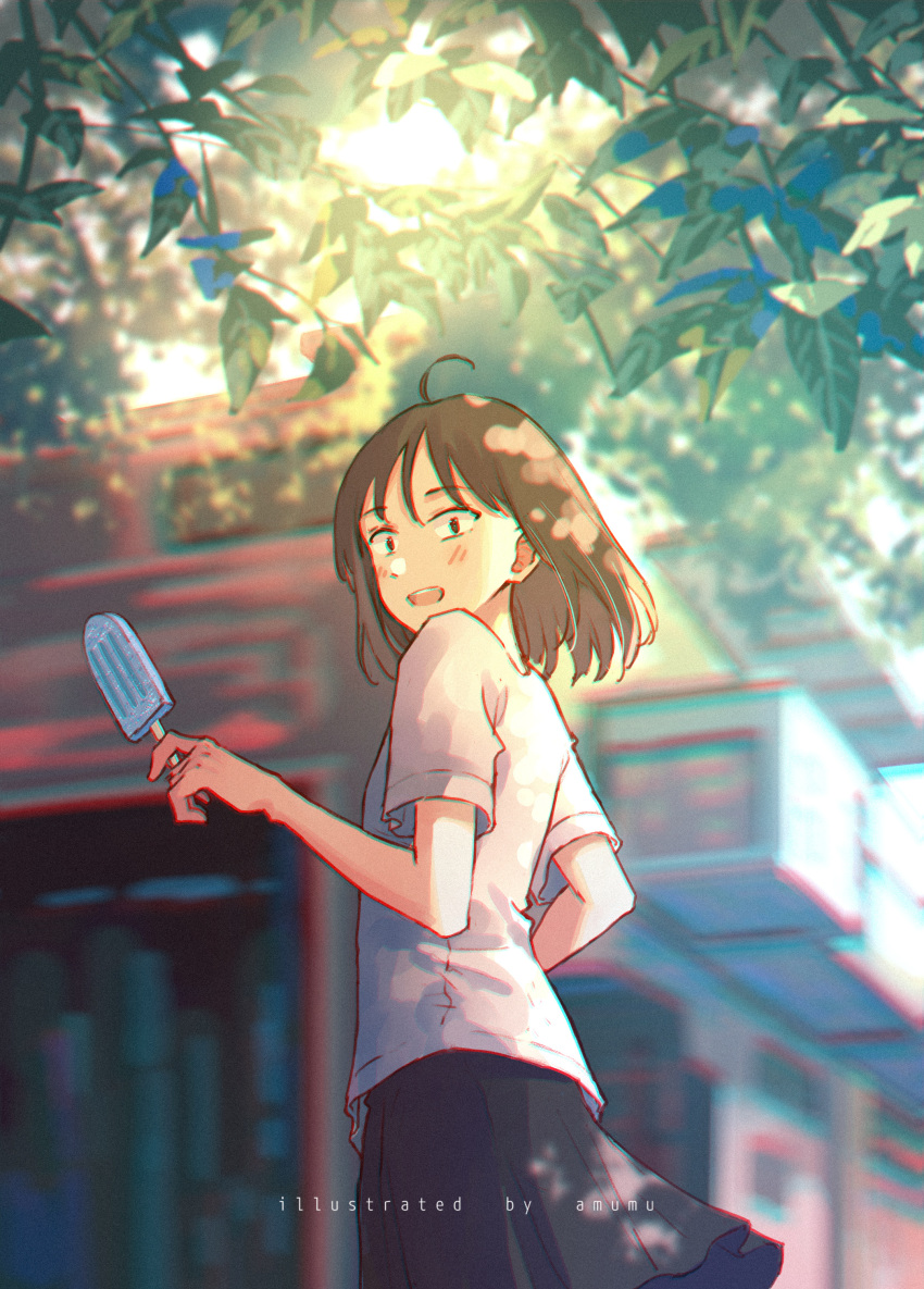 Safebooru - 1girl absurdres artist name black skirt blurry blurry background blush brown eyes ...