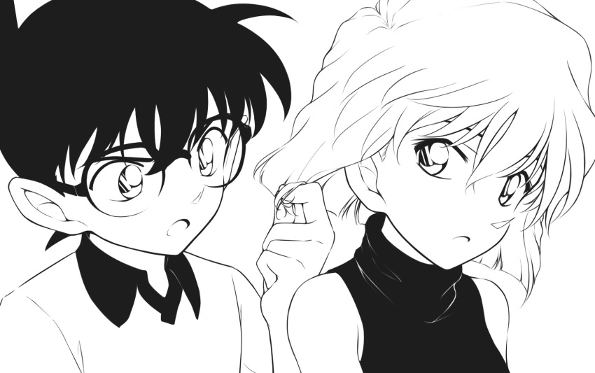 Safebooru - 1boy 1girl :o bare shoulders collared shirt edogawa conan glasses greyscale haibara ...