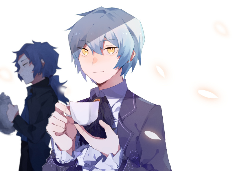 Safebooru - 1boy 1girl angela (project moon) ascot black ascot black shirt blue ascot blue hair ...