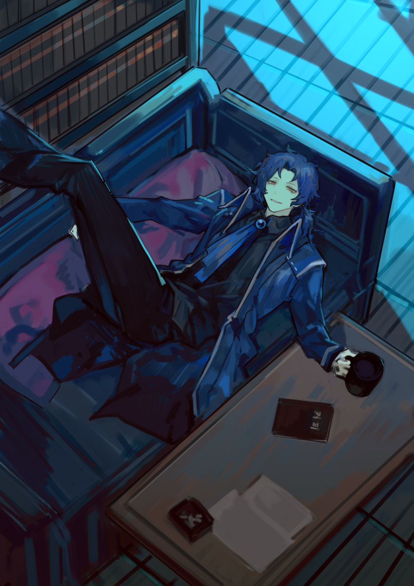 Safebooru - 1boy ascot black pants black shirt blue ascot blue coat blue gemstone blue hair ...