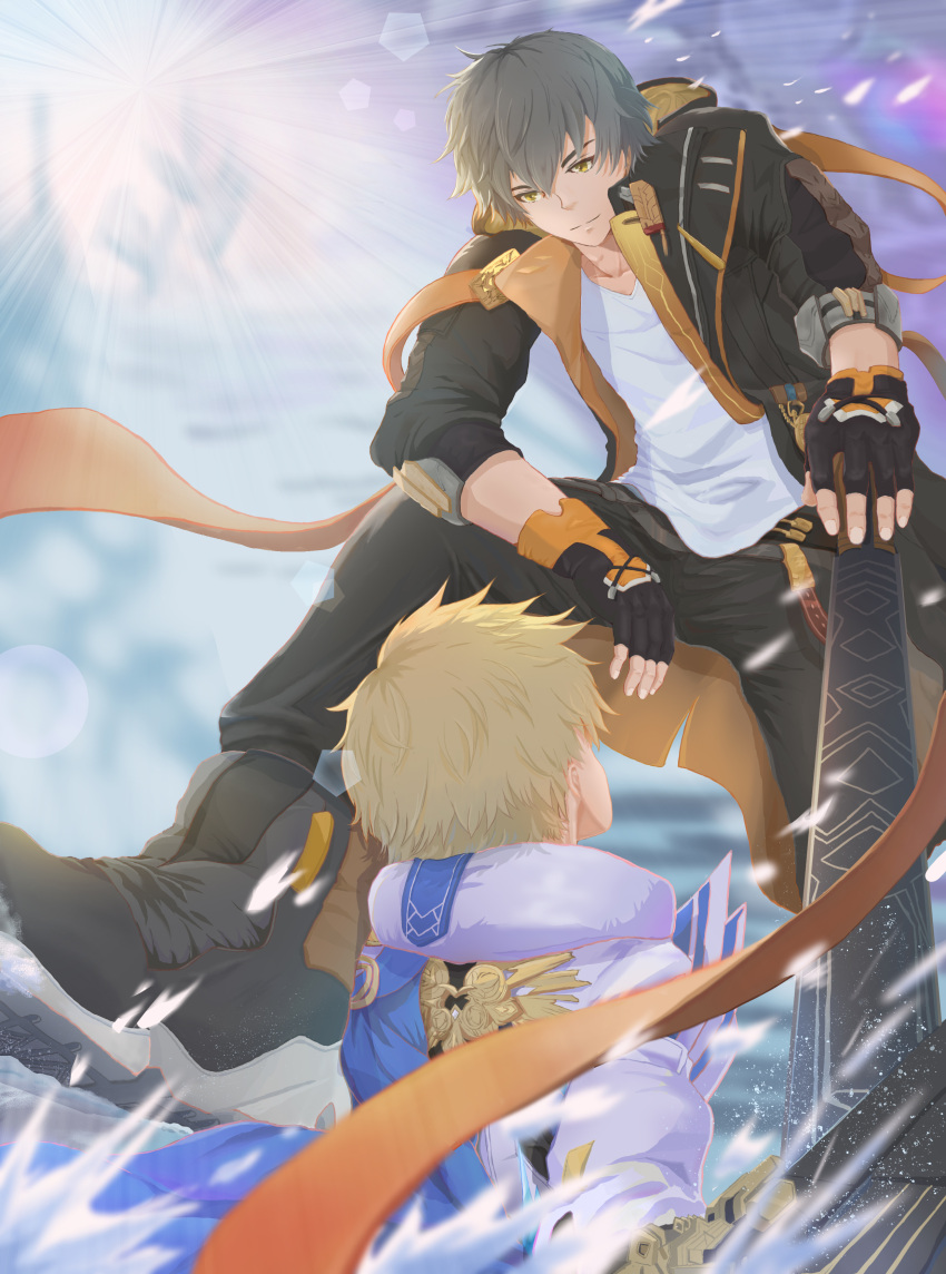 Safebooru - 2boys absurdres baseball bat black gloves black jacket ...