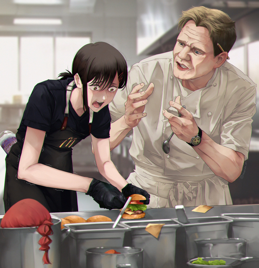 Safebooru - 1boy 1girl absurdres black gloves black hair black shirt burger chainsaw man fast ...