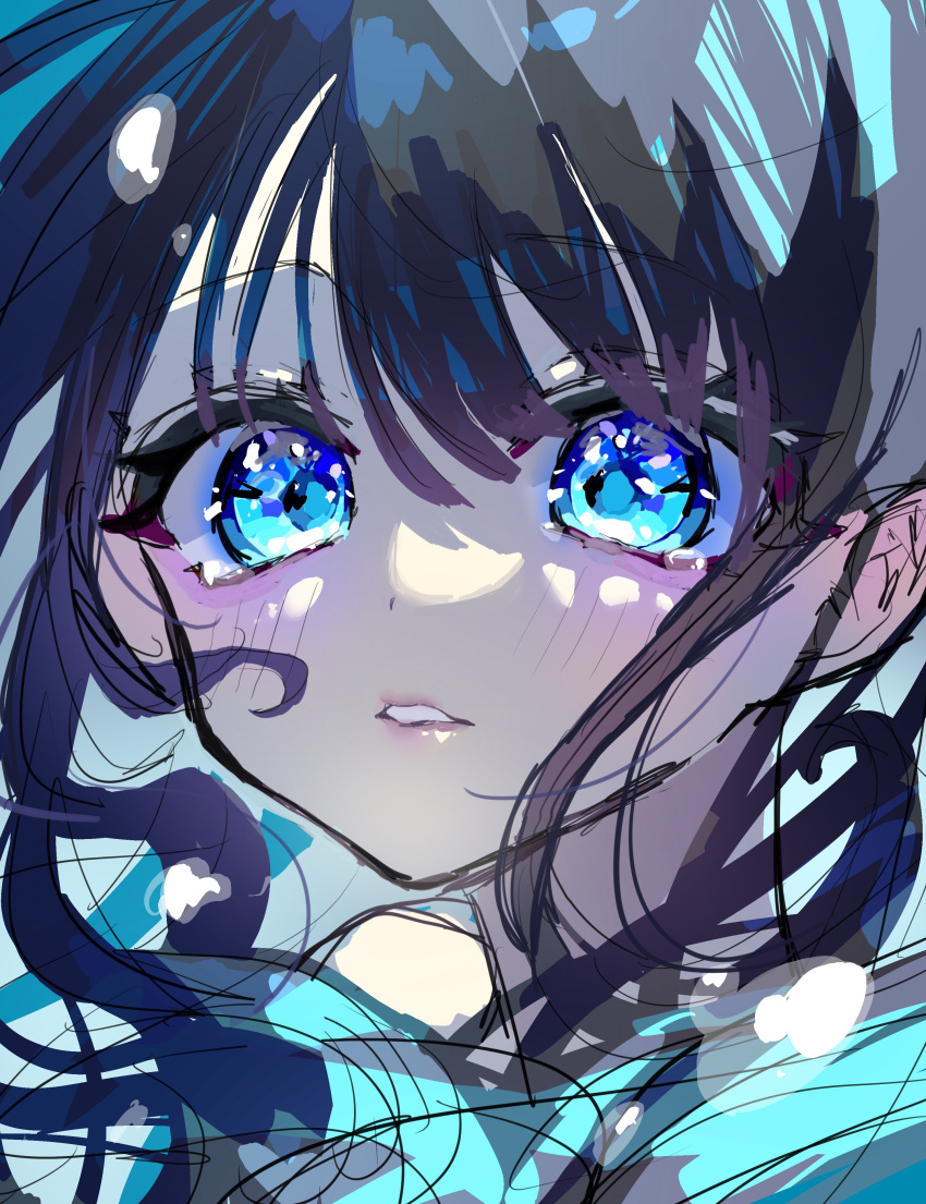 Safebooru - 1girl absurdres blue eyes blue hair blue theme blush close-up commentary floating ...