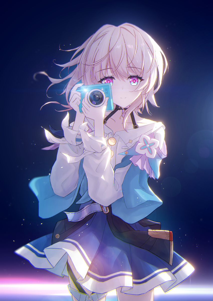 Safebooru - 1girl black choker black corset blue eyes blue jacket blue skirt breasts camera ...