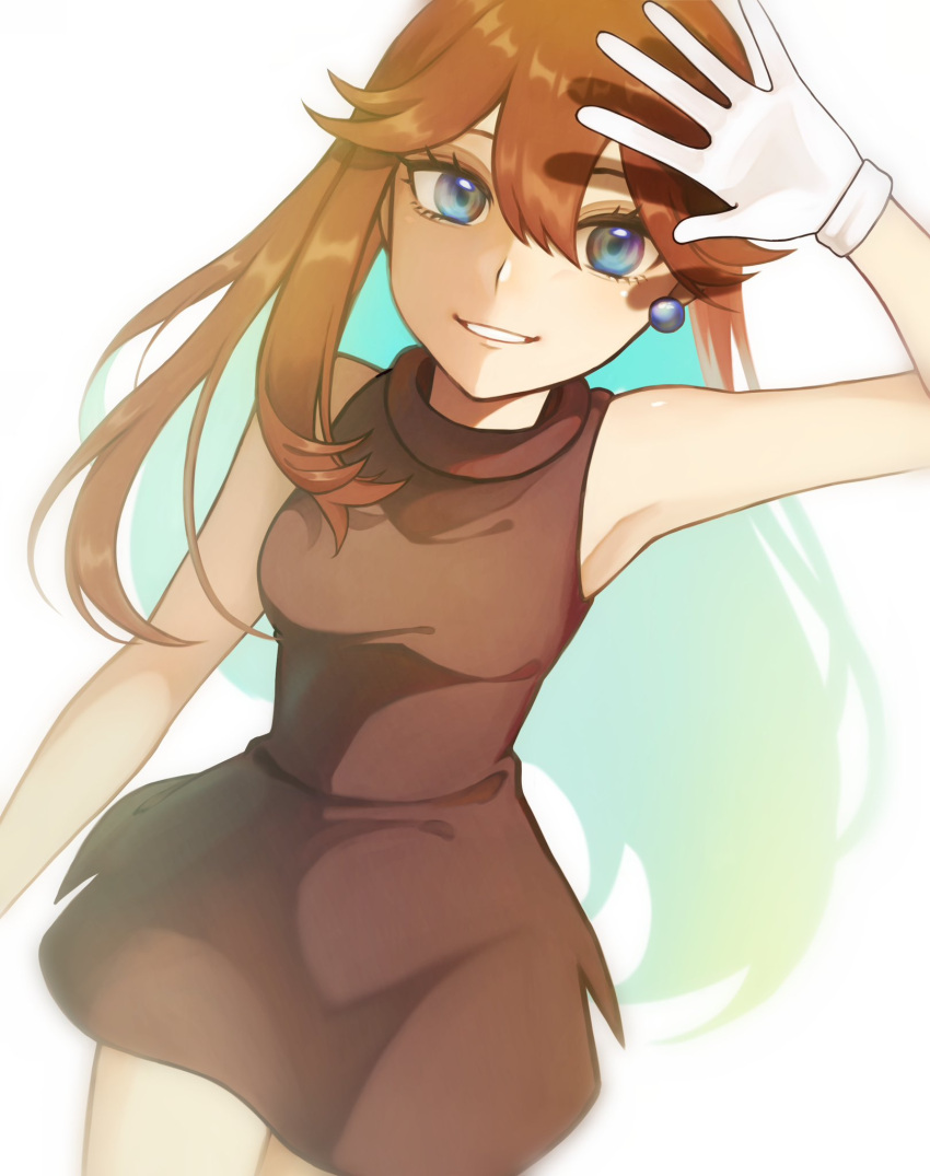 Safebooru - 1girl arm up ayan ip blue eyes breasts brown dress brown hair dress earrings ...