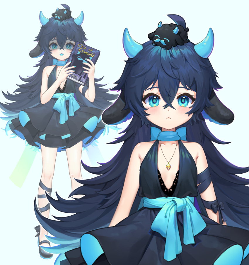 Safebooru - 1girl :3 ahoge animal ears black dress black footwear black ribbon blue bow blue ...