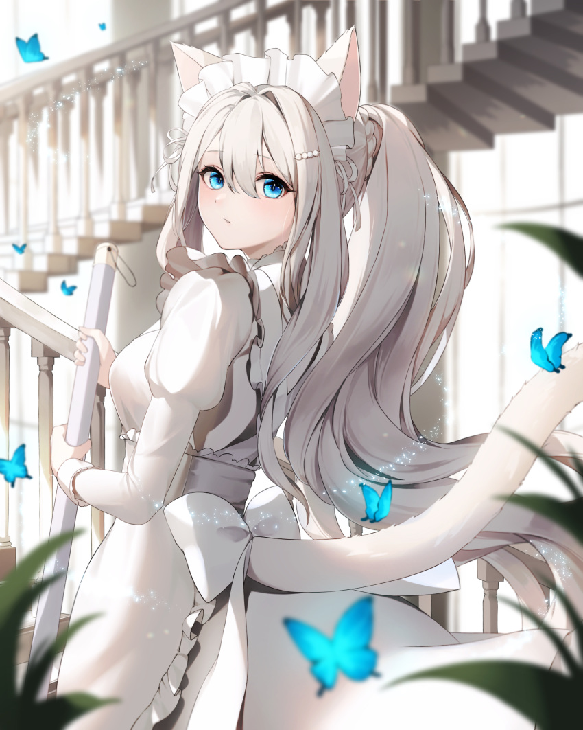 Safebooru - 1girl rn animal ears apron blue eyes blurry blurry foreground breasts bug butterfly ...