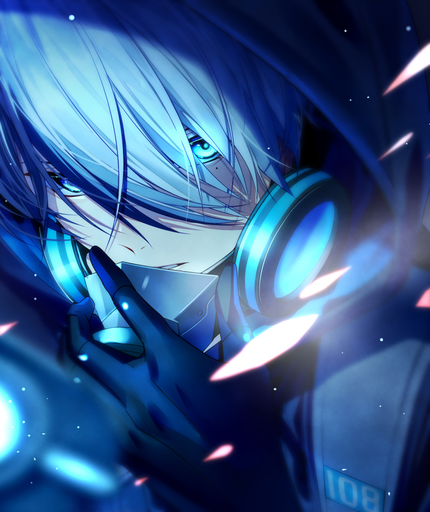 Safebooru - 1boy absurdres adjusting mask aoyagi touya blue eyes blue hair close-up close game ...