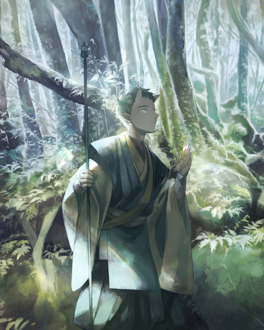 Safebooru - 1boy black hair forest hand up highres hise holding holding ...