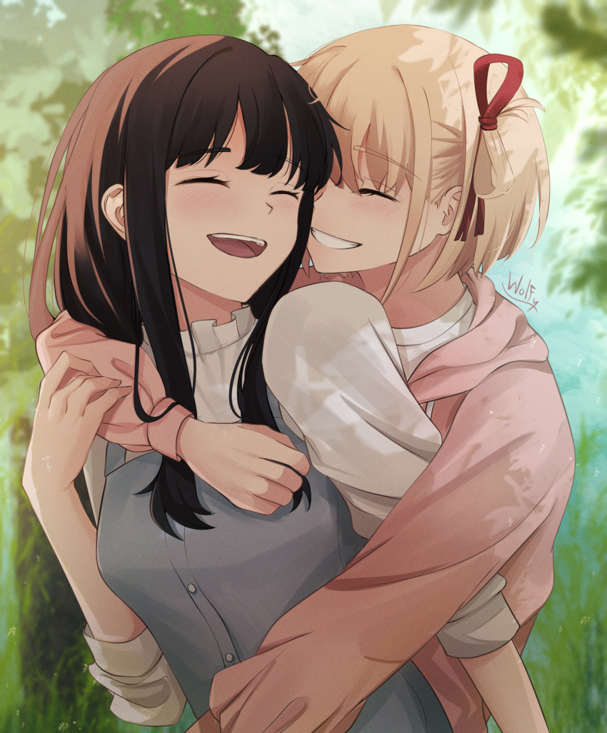 Safebooru - 2girls absurdres black hair blonde hair blurry blurry background blurry foreground ...