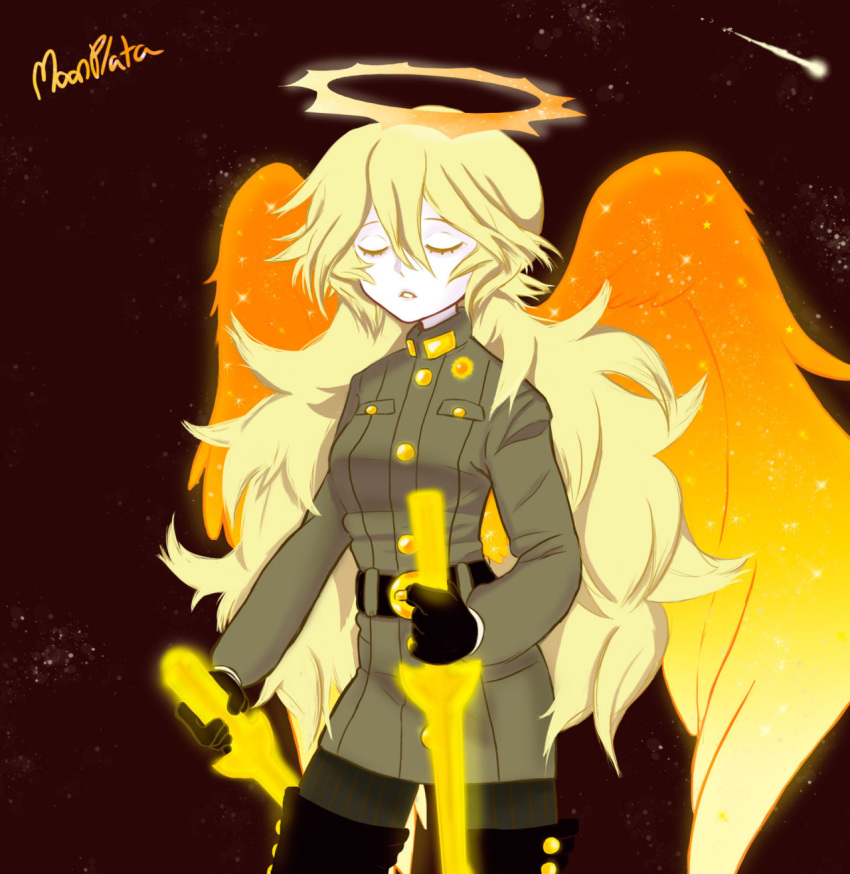 Safebooru - 1girl angel blonde hair closed eyes cowboy shot feathered wings funamusea highres ...