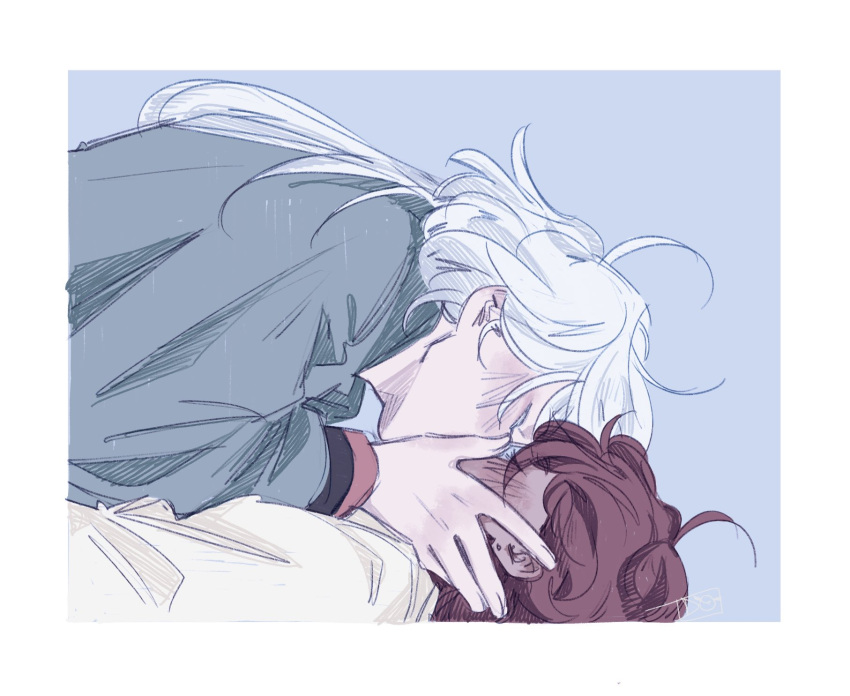 Safebooru - 2girls ahoge blue background blush couple dark-skinned female dark skin from side ...