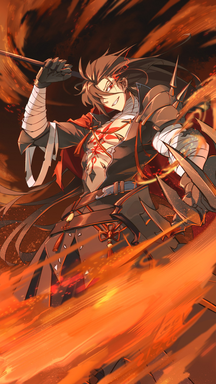 Safebooru - 1boy absurdres armor bandaged arm bandaged neck bandages belt black belt black coat ...