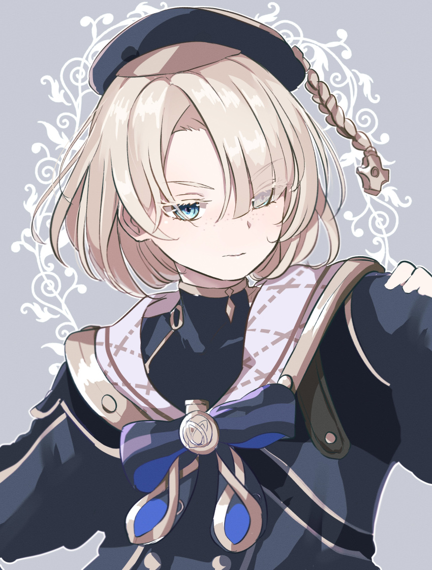 Safebooru - 1boy absurdres aqua eyes asymmetrical bangs beret black bow black coat black ...