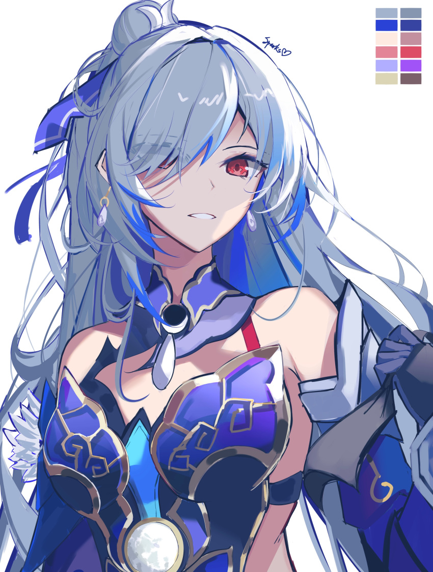 Safebooru - 1girl absurdres bare shoulders blue dress breasts dress earrings high ponytail ...