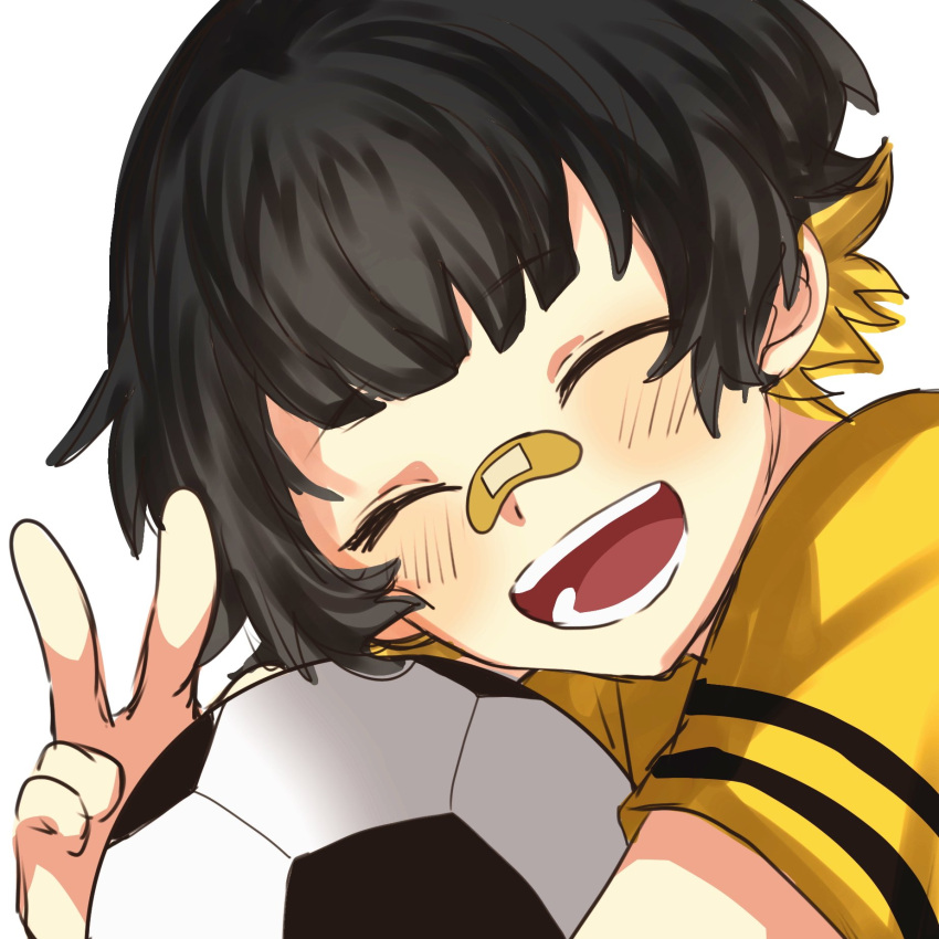 Safebooru - 1boy ^ ^ bachira meguru ball bandaid bandaid on face bandaid on nose black hair ...