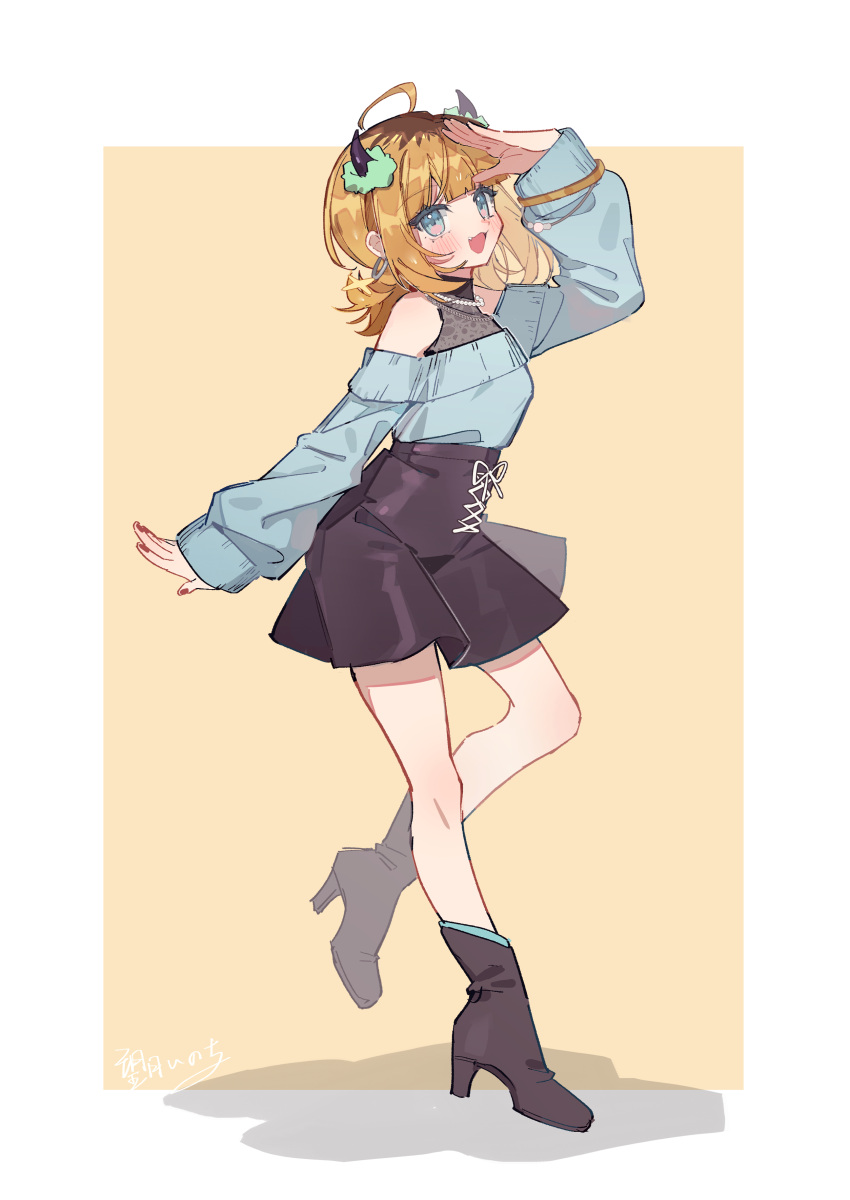 Safebooru - 1girl absurdres alisky black footwear black skirt blonde hair blue eyes blue sweater ...