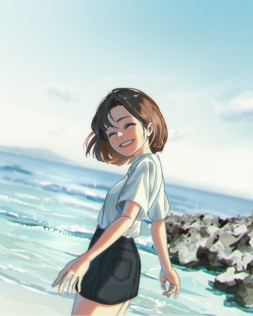 Safebooru - 1girl absurdres black skirt blue sky brown hair closed eyes highres natsume hinako ...