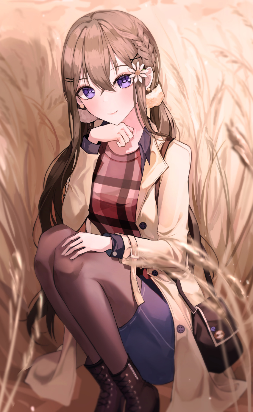 Safebooru - 1girl absurdres bag black footwear black pantyhose blurry blush boots braid brown ...