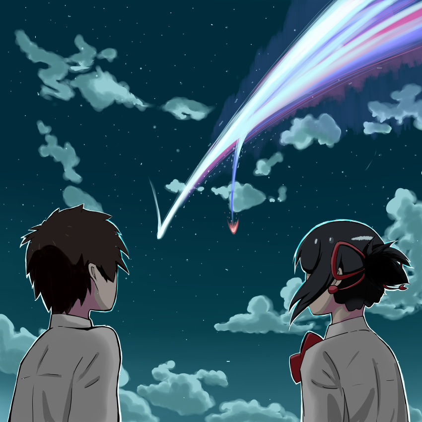 Safebooru - 1boy 1girl absurdres border bow brown hair clouds collared shirt comet commentary ...