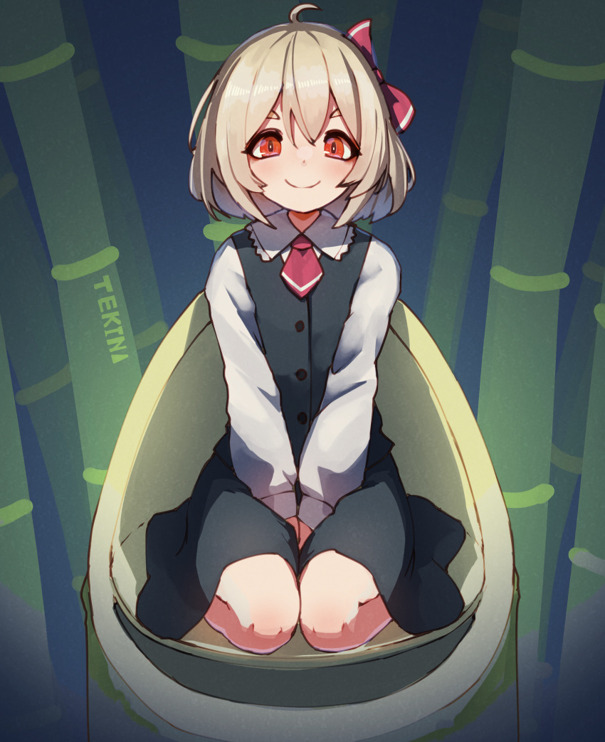 Safebooru - 1girl absurdres ahoge artist name bamboo between legs black skirt black vest blonde ...