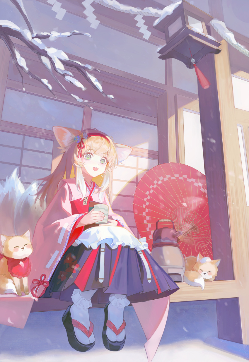 Safebooru - 1girl :d animal ear fluff animal ears apron architecture arknights black hakama ...