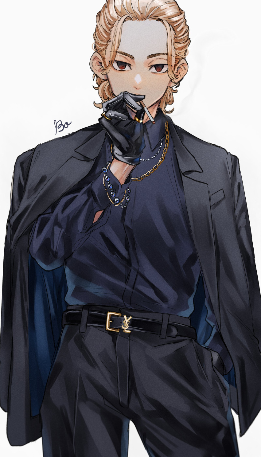 Safebooru - 1boy absurdres belt black belt black eyes black gloves black jacket black pants ...