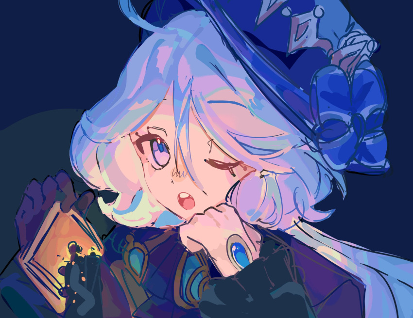 Safebooru - 1girl ahoge black gloves black jacket blue background blue hair blue headwear furina ...