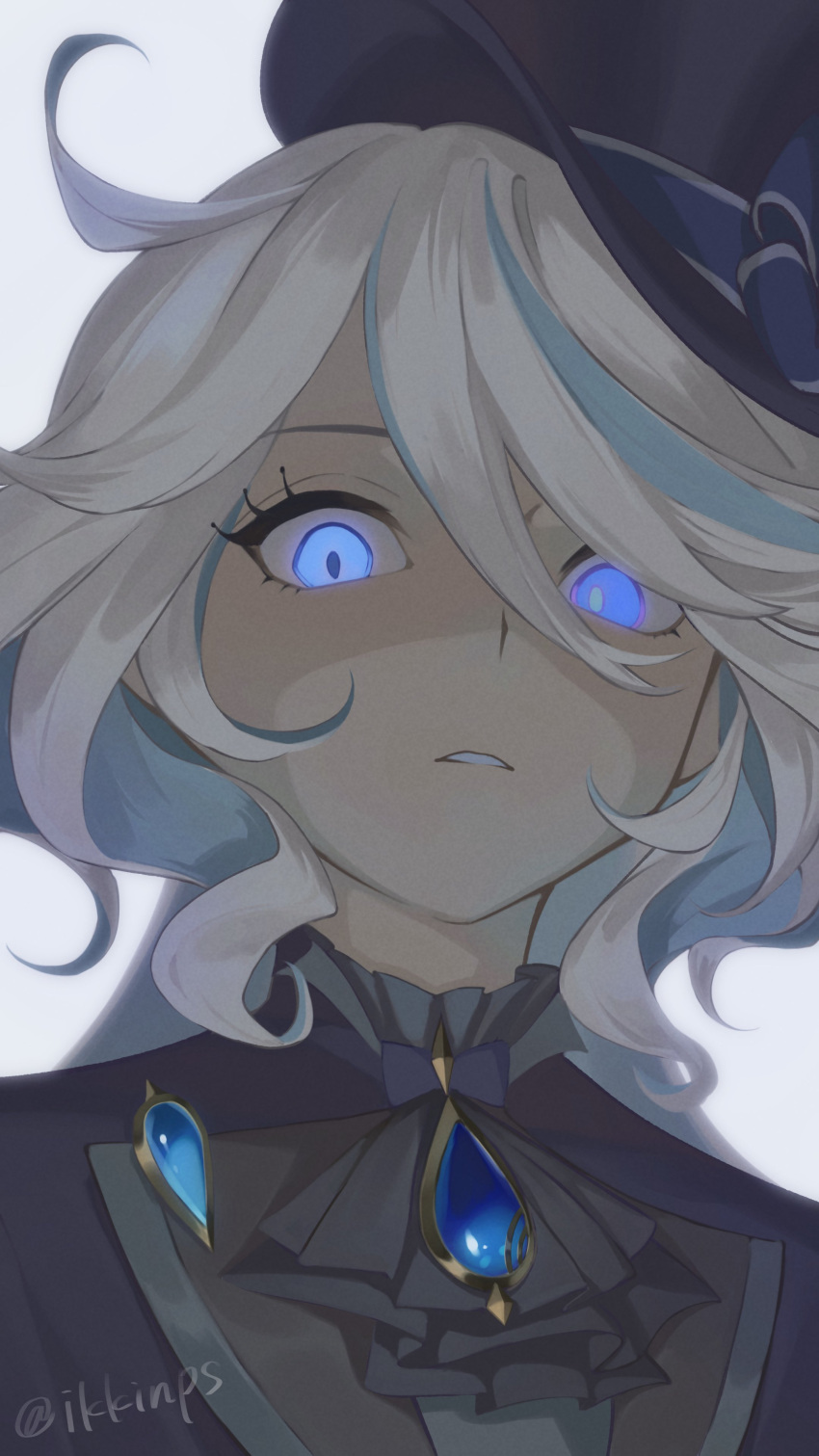 Safebooru - 1girl absurdres ascot black ascot blue gemstone blue hair blue headwear blue jacket ...