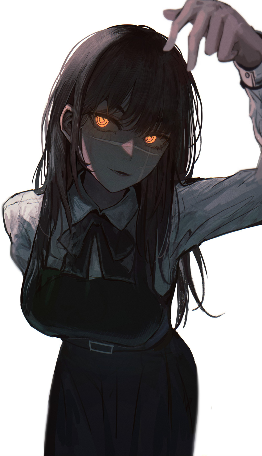 Safebooru - 1girl absurdres arm behind back arm up black hair chainsaw man cross scar dress ...