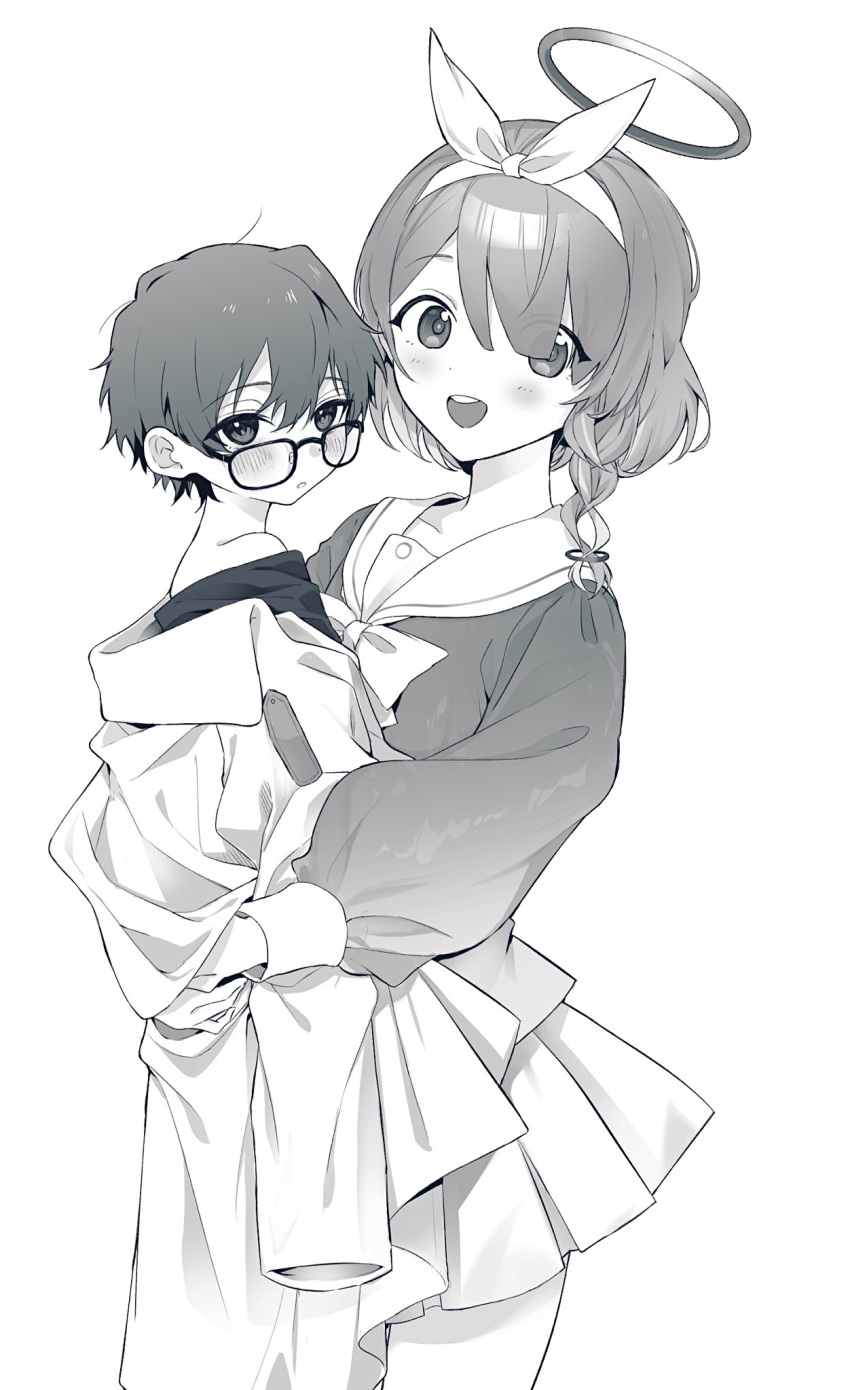Safebooru - 1boy 1girl aged down arona (blue archive) blue archive blush braid carrying child ...