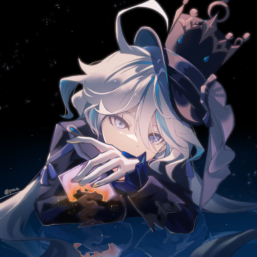 Safebooru - 1girl absurdres black gloves black headwear blue hair blue jacket cowlick furina ...