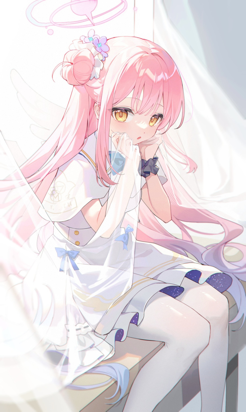 Safebooru - 1girl absurdres blue archive blue bow blush bow breasts curtains dress feet out of ...