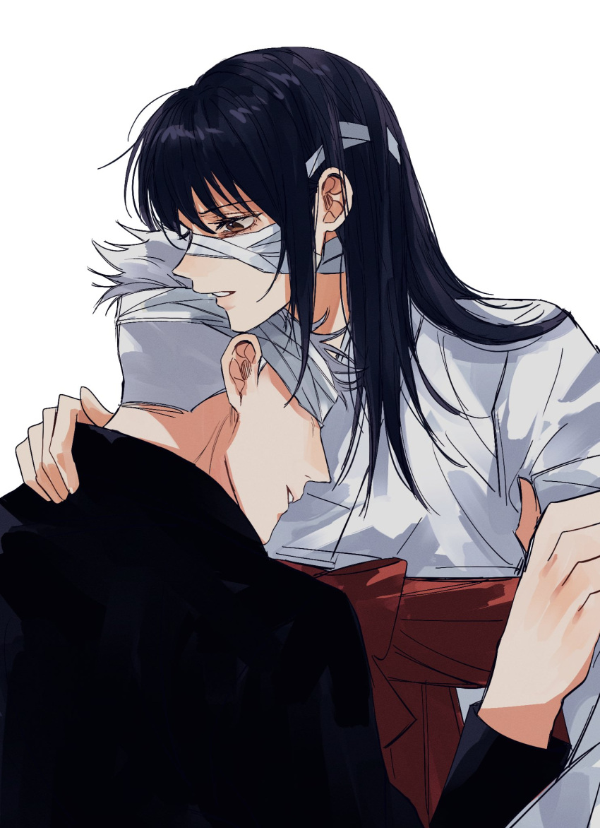 Safebooru - 1boy 1girl bandaged head bandages bandages over eyes black jacket blue hair brown ...