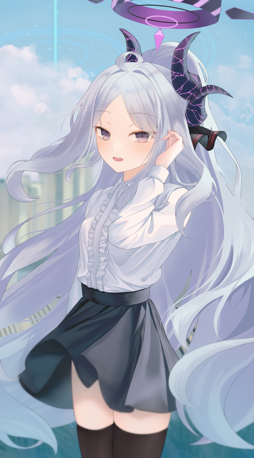 Safebooru - 1girl absurdres ahoge arm up black skirt blue archive blush demon girl demon horns ...