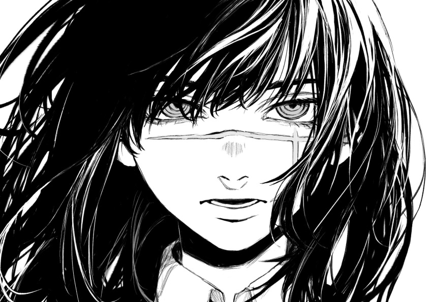 Safebooru - 1girl black hair chainsaw man cross scar greyscale highres ...