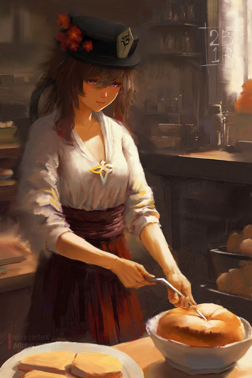 Safebooru - 1girl 2bells1ravine absurdres baking bowl bread breasts brown hair faux traditional ...