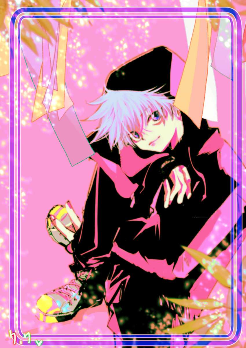 Safebooru - 1boy black hoodie blue eyes ga 31kad head rest highres hood ...