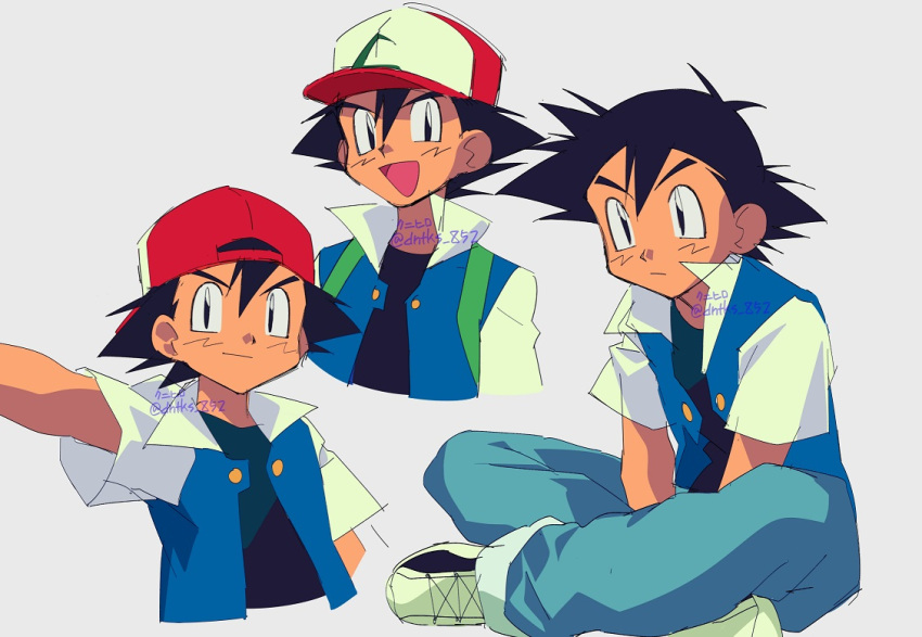 Safebooru - 1boy :d ash ketchum backwards hat baseball cap black eyes black hair closed mouth ...