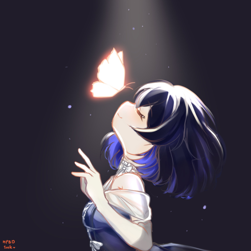 Safebooru - 1girl absurdres artist name bare shoulders black background blue hair blue vest bob ...