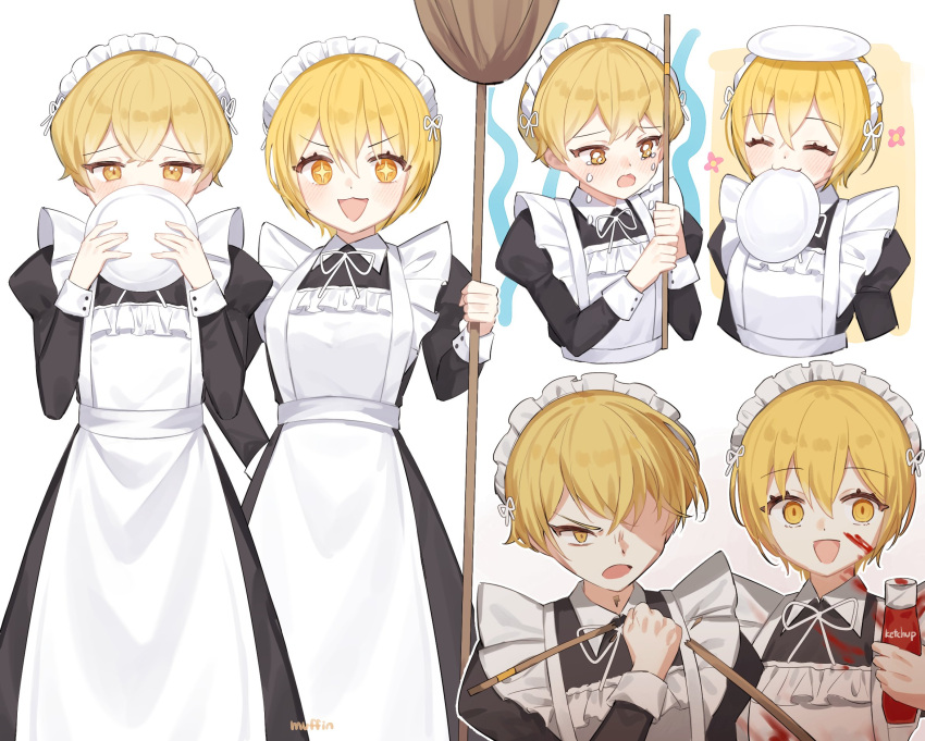 Safebooru - 1boy 1girl :3 apron black dress blonde hair blush broom ...