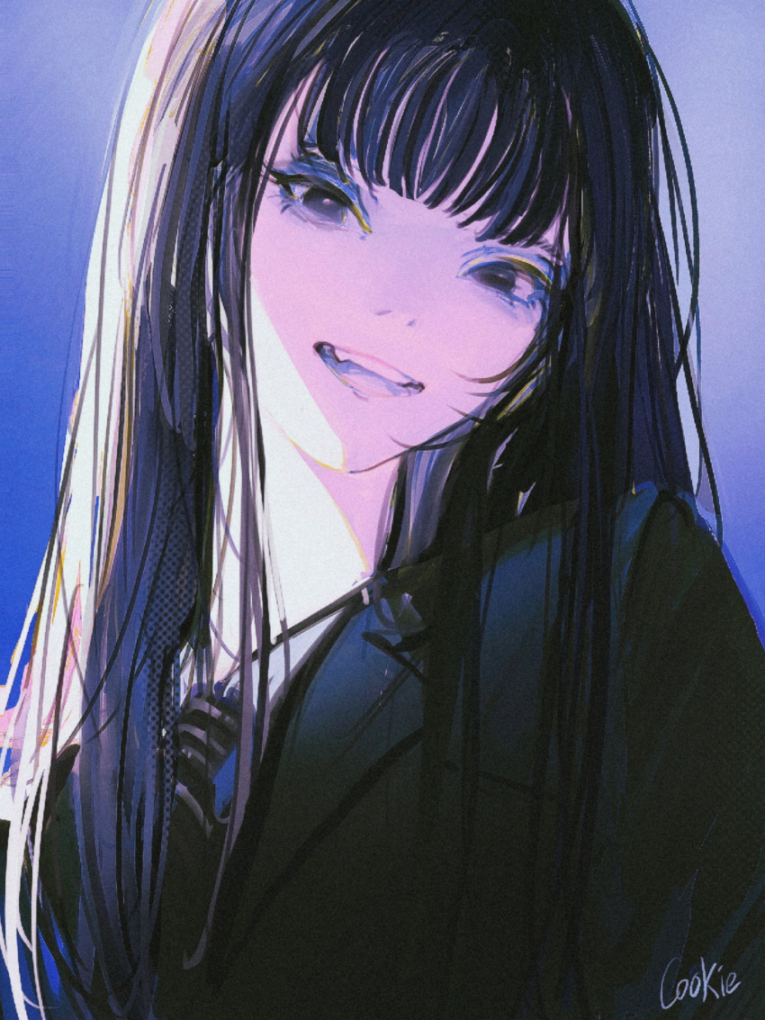 Safebooru - 1girl black eyes black hair black jacket black necktie blue background blunt bangs ...