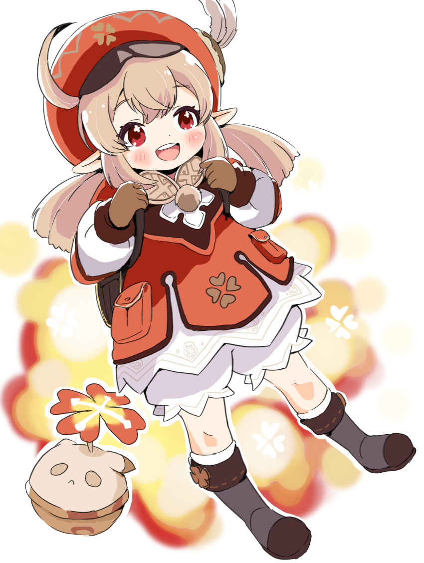 Safebooru - 1girl :d ahoge backpack bag bloomers blush boots brown gloves brown hair cabbie hat ...