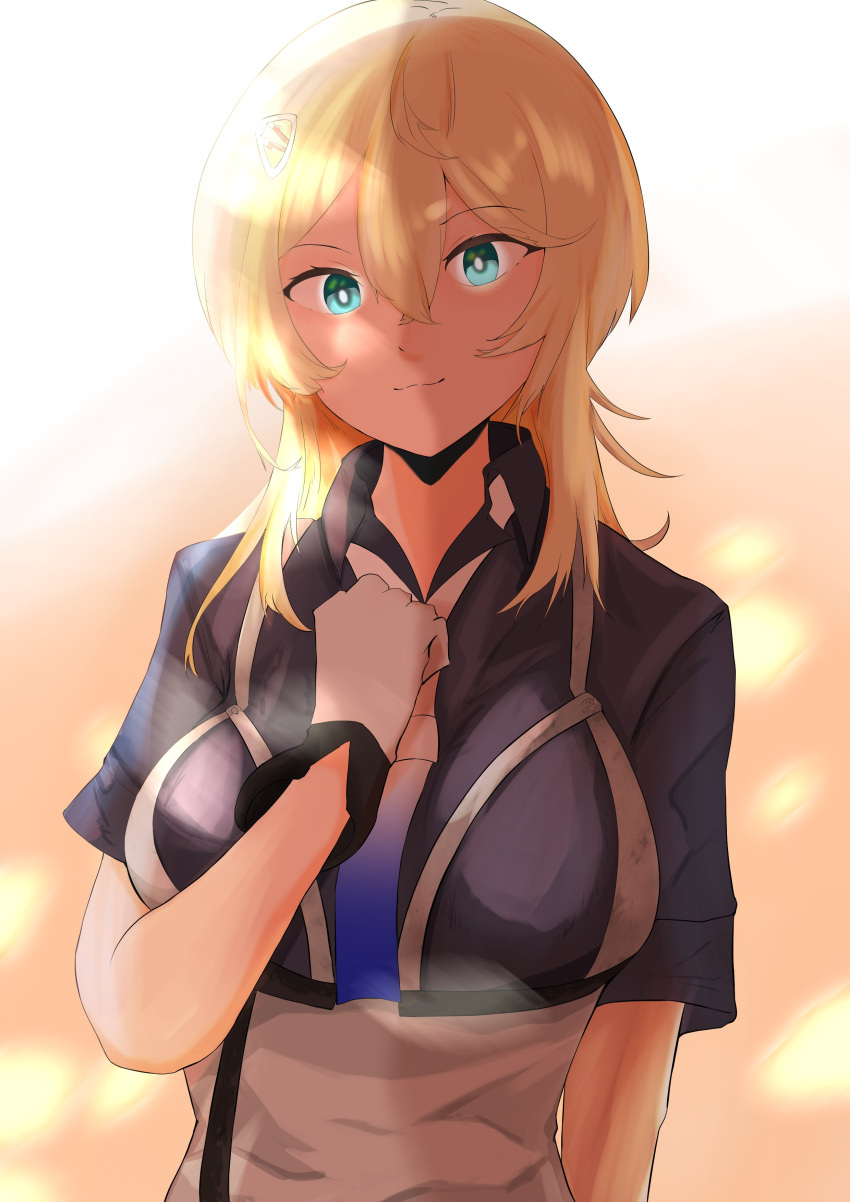 Safebooru - 1girl absurdres blonde hair blue eyes blue shirt breasts collared shirt crossed ...