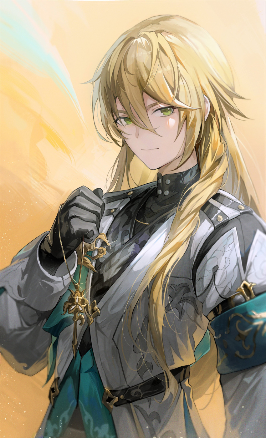 Safebooru - 1boy absurdres aqua vest armband black gloves black shirt blonde hair brooch closed ...