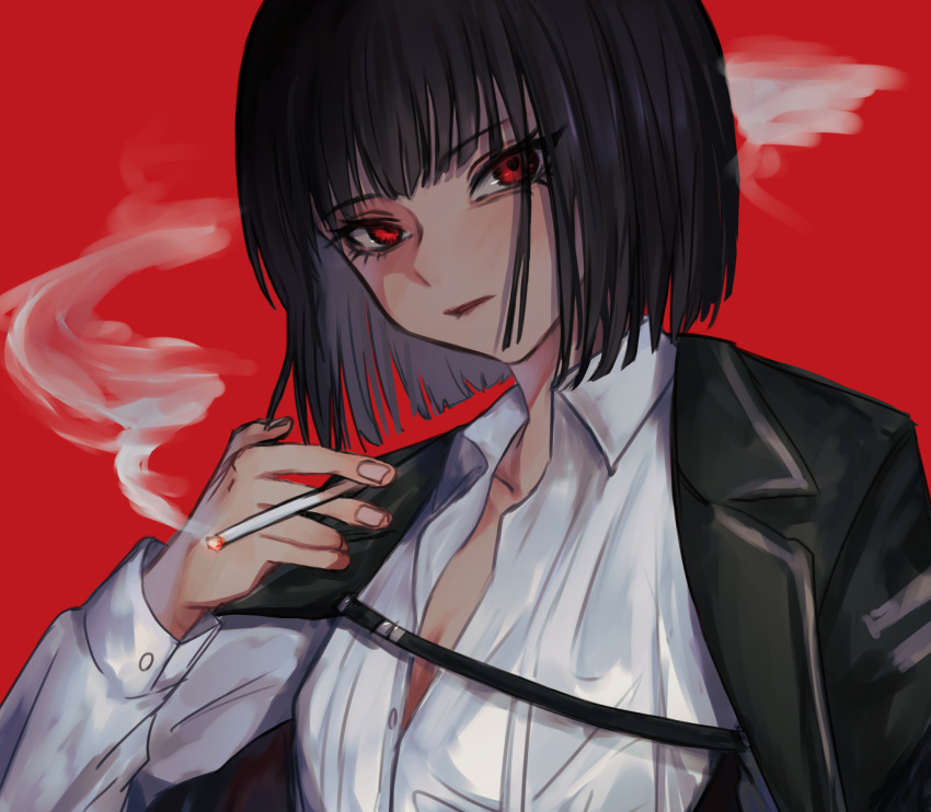 Safebooru - 1girl black coat black hair blunt bangs cigarette coat coat on shoulders collared ...