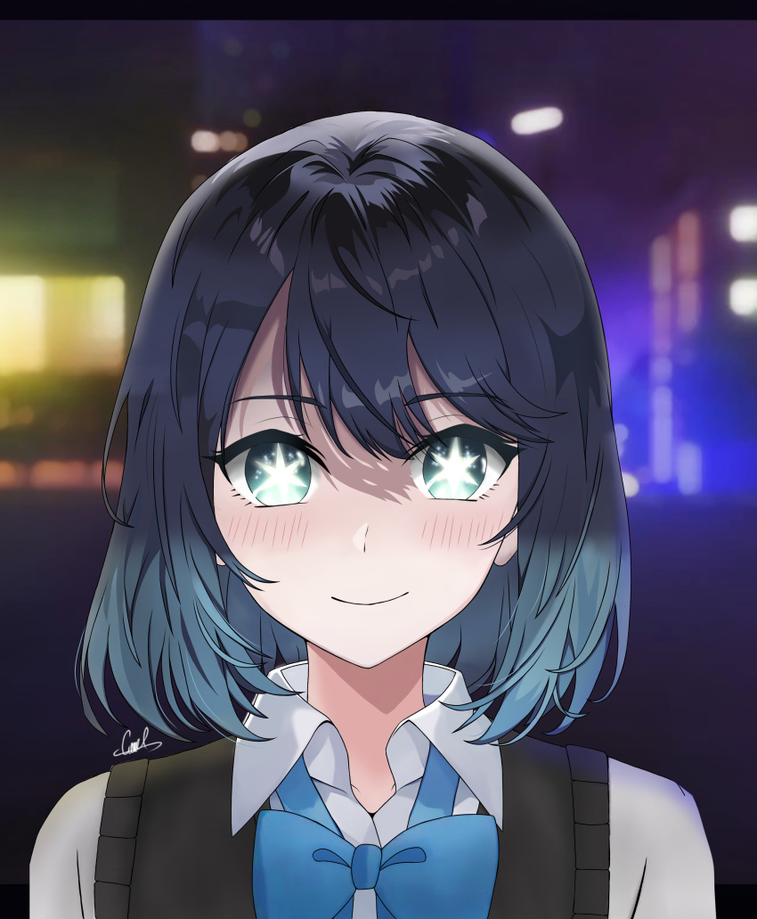 Safebooru - 1girl absurdres black sweater vest blue bow blue bowtie blue hair blurry blurry ...