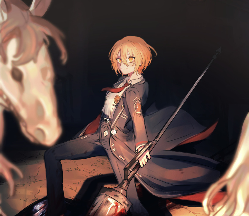 Safebooru - 1girl absurdres badge black coat black pants blonde hair blood blood on weapon ...