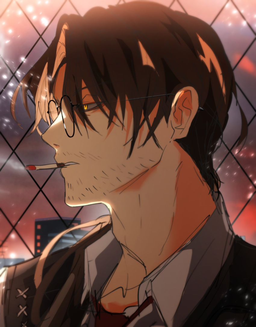 Safebooru - 1boy brown hair cigarette city cityscape facial hair fence from side glasses gregor ...